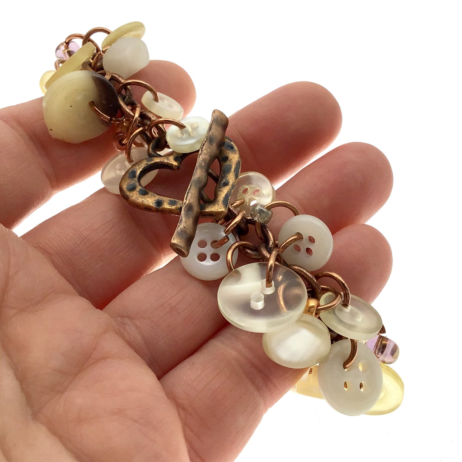 Copper Vintage Button Charm Bracelet: Heart Clasp, Boho Jewelry - Etsy