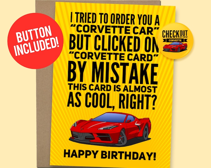 Corvette Sports Car Birthday Card Funny Card for Him or Her, 60lb. Card ...