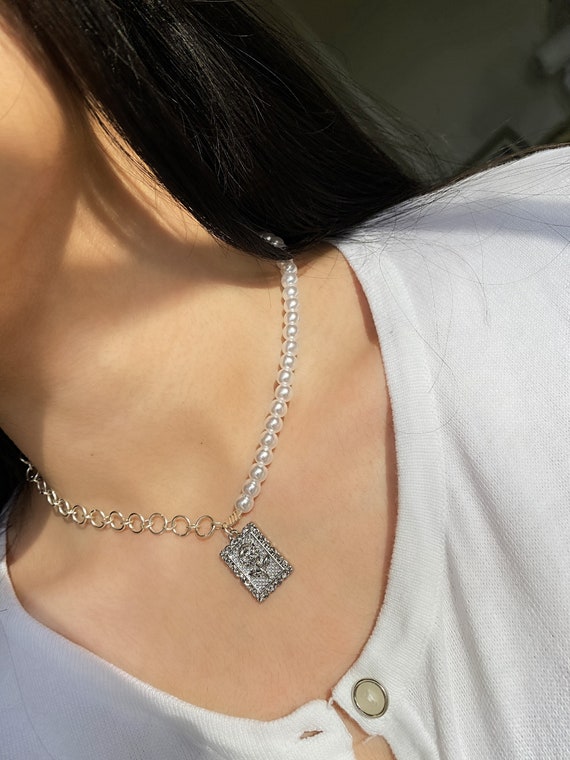 Half Pearl half silver plated chunky chain necklace handmade | Etsy