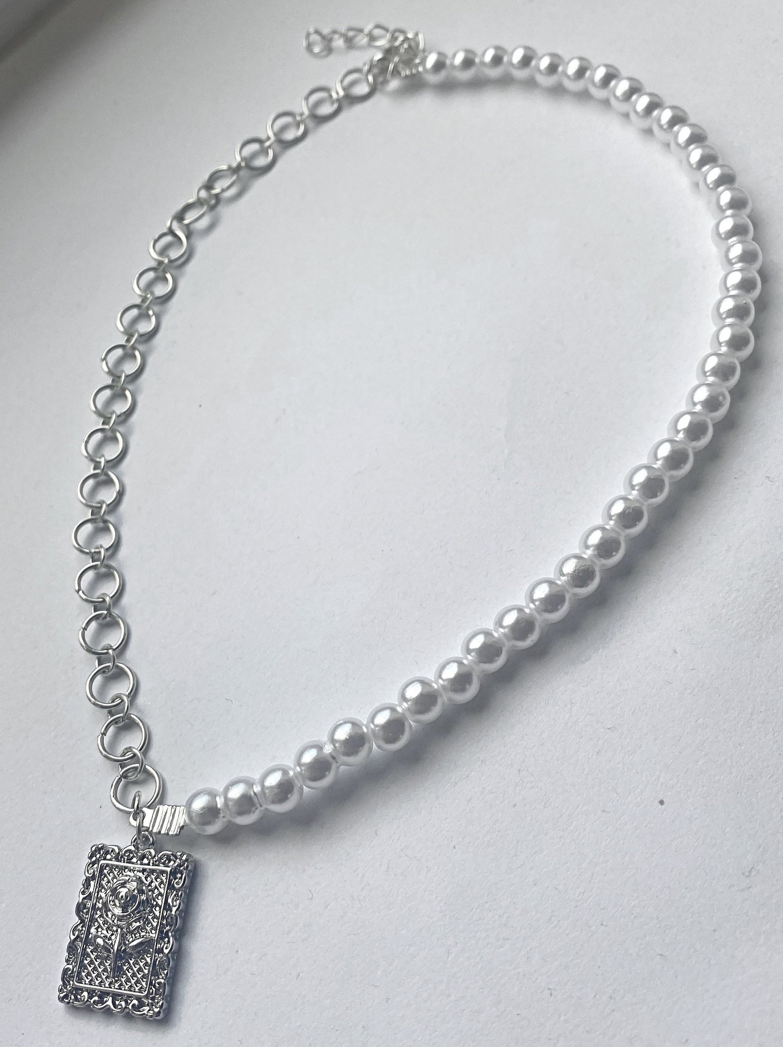 Half Pearl Half Silver Plated Chunky Chain Necklace, Handmade Jewellery ...