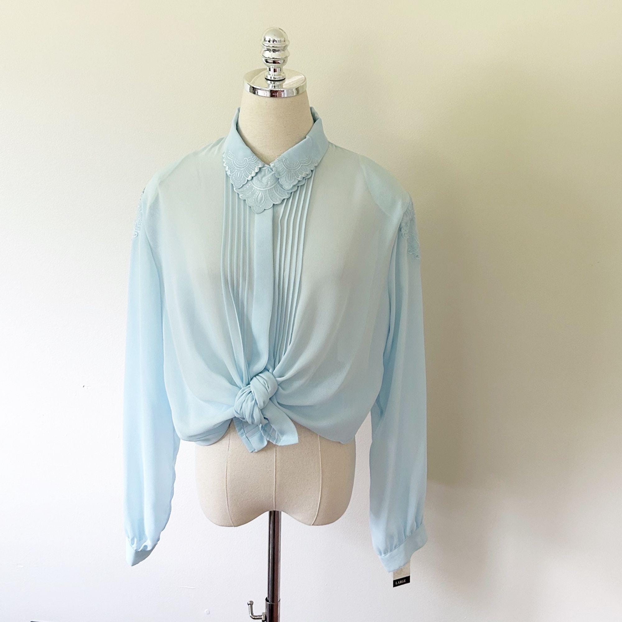 Vintage Light Sky Blue Long Sleeve Blouse Romantic Embroidered Collar ...