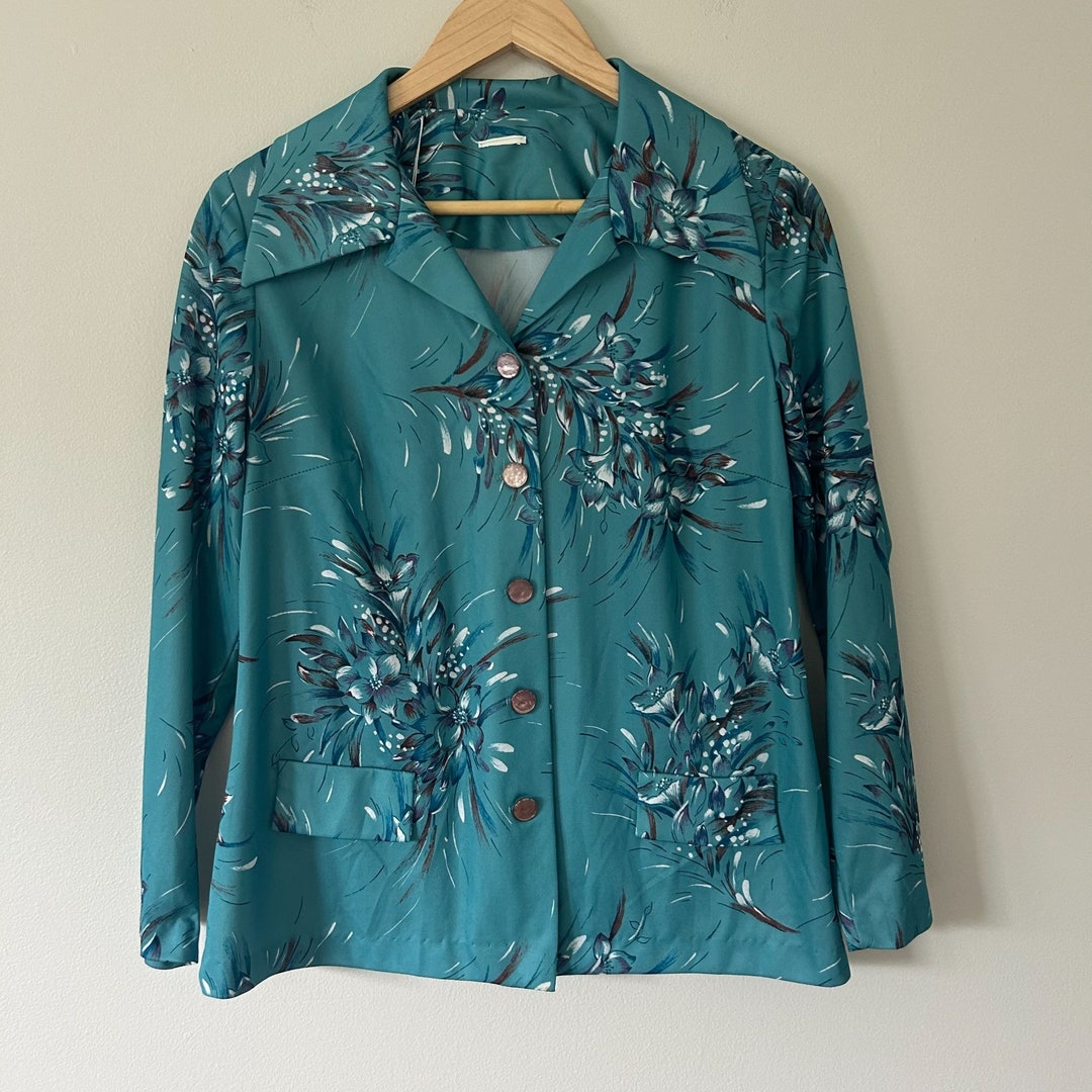 1970s Teal Floral Button up Shirt 70s Disco Mod Shirt Women's Medium - Etsy