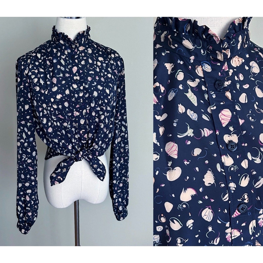 Vintage Navy Blue Shell Ruffle Collar Long Sleeve Blouse - Etsy