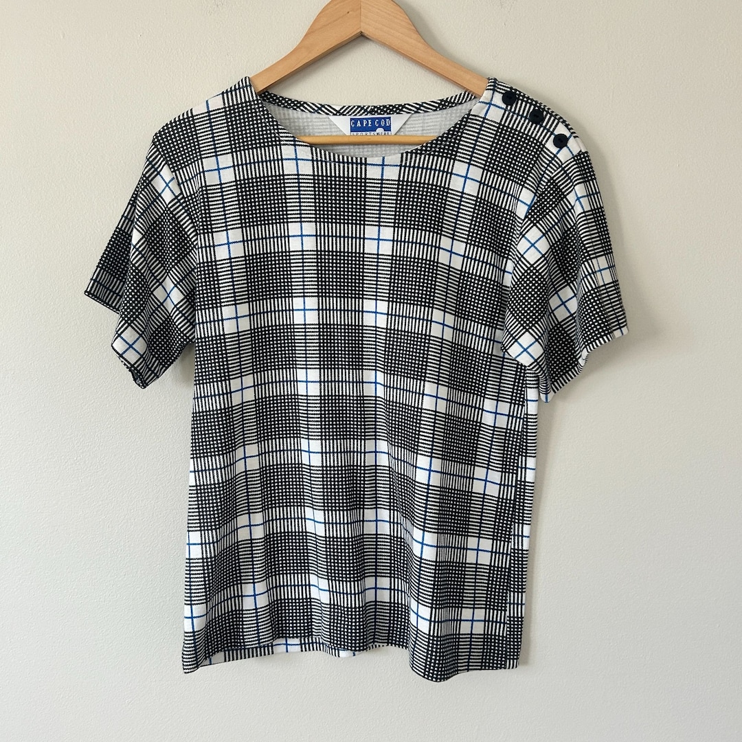 Vintage Black White Royal Blue Checkered Plaid Short Sleeve Knit Top - Etsy