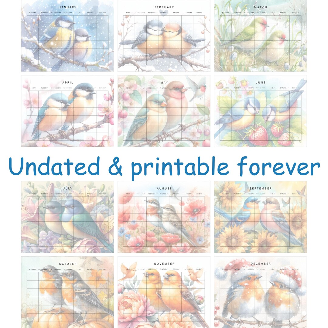 Birds Printable Undated Calendar | Nature Watercolor Planner (PNG) - Etsy