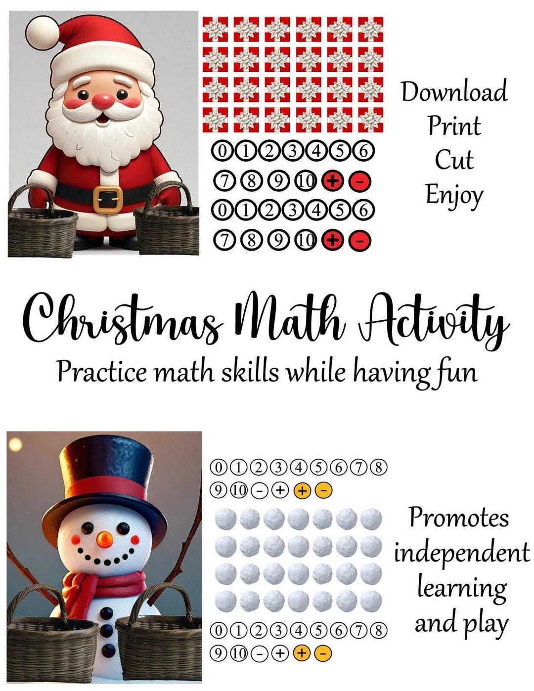 Printable Christmas Math Game, Santa Claus and Snowman Math Activity ...