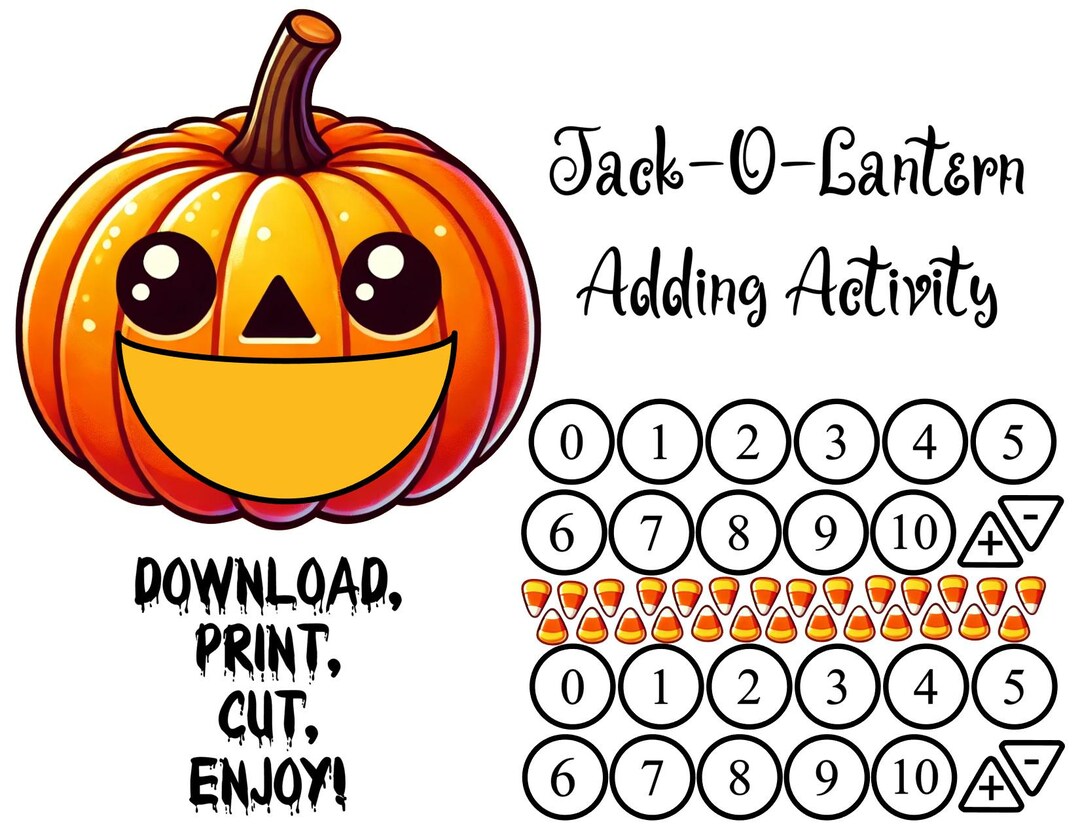 Halloween Pumpkin Math Game, Jack-o-lantern Addition Printable, Candy ...