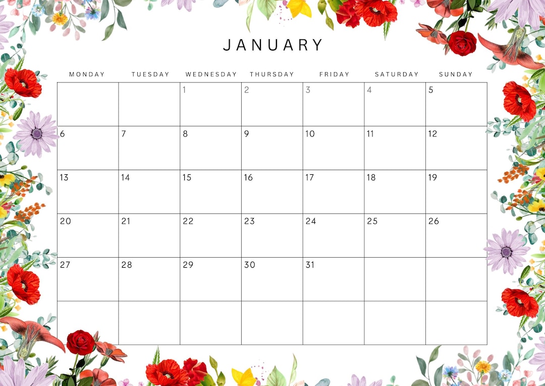 2025 Digital Calendar With Floral Border: Yearly Planner for Home and ...