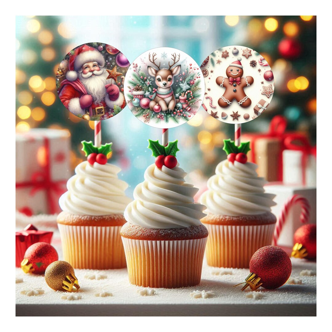 24 Christmas Cupcake Toppers/ Santa, Reindeer, Gingerbread, Elf ...