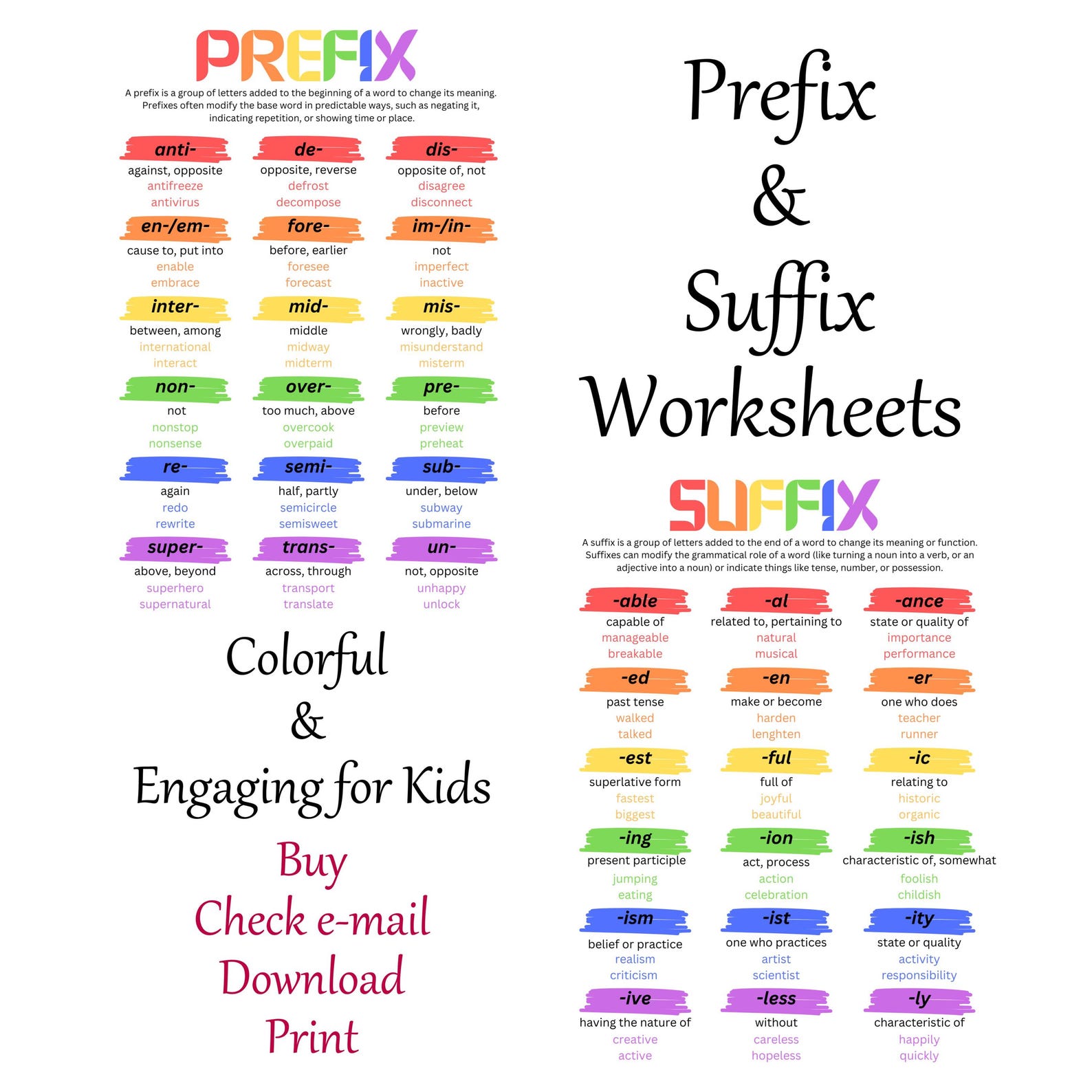 Prefix Suffix Worksheets: Colorful English Grammar Chart (homeschool ...