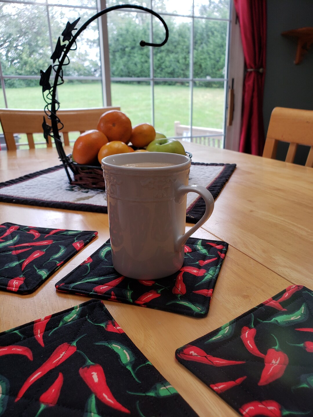 Red and Green Chilli Peppers Coasters, Farmhouse Quilted Coasters ...