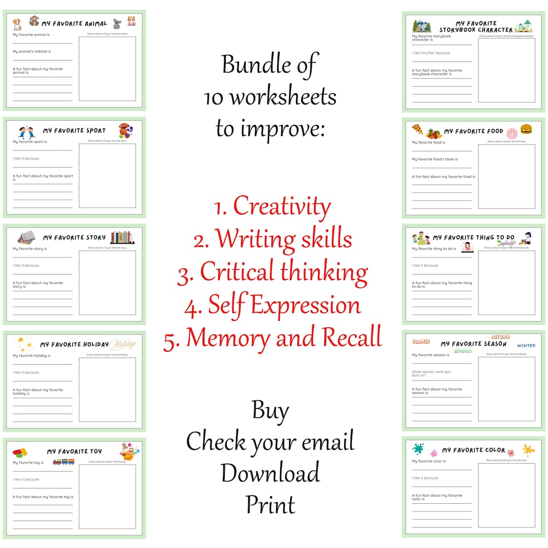 My Favorite Things Worksheet Bundle, Improve Creativity, Drawing, Self ...