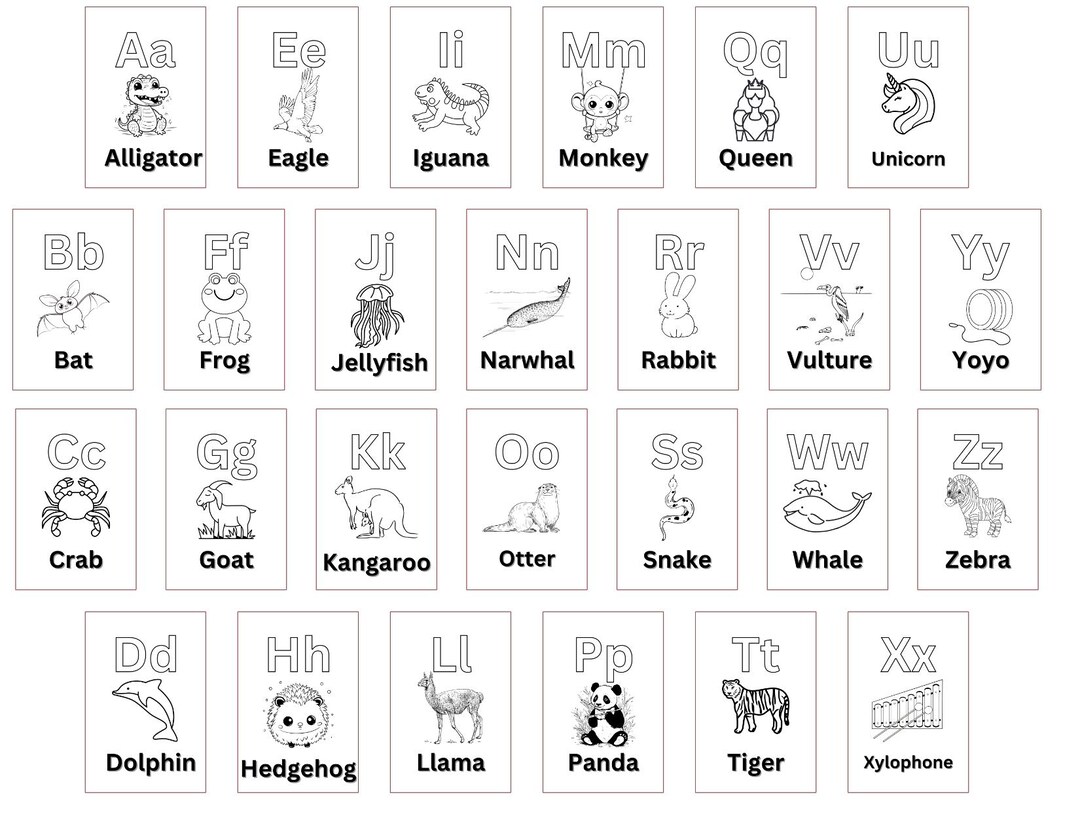 Alphabet Coloring Pages 26 Letters Animal-themed Digital Coloring ...