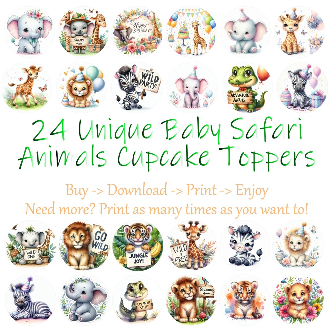 24 Baby Safari Animals Cupcake Toppers Jungle-themed Printable for Baby ...