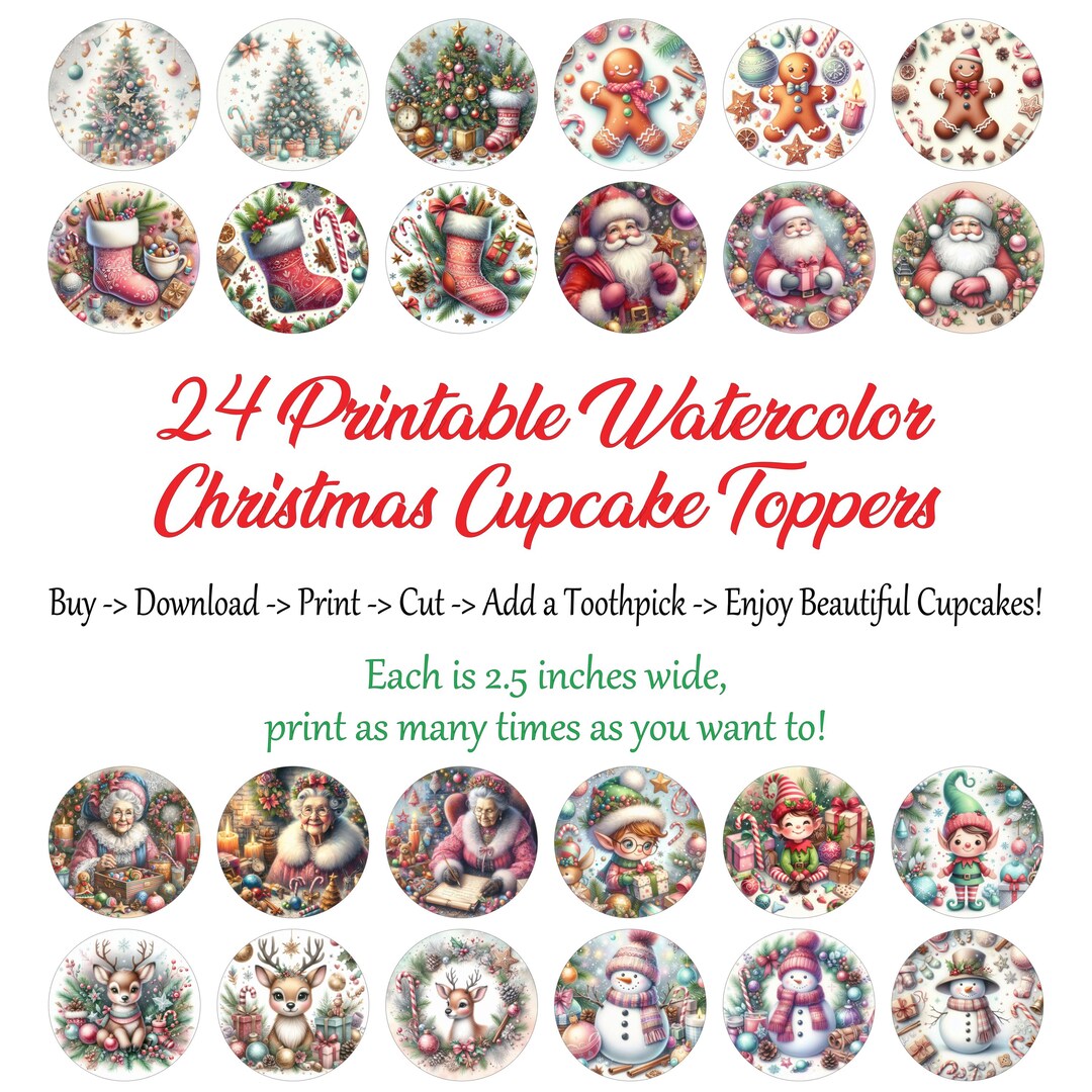 Printable Christmas Cupcake Toppers/ Santa, Reindeer, Gingerbread, Elf ...