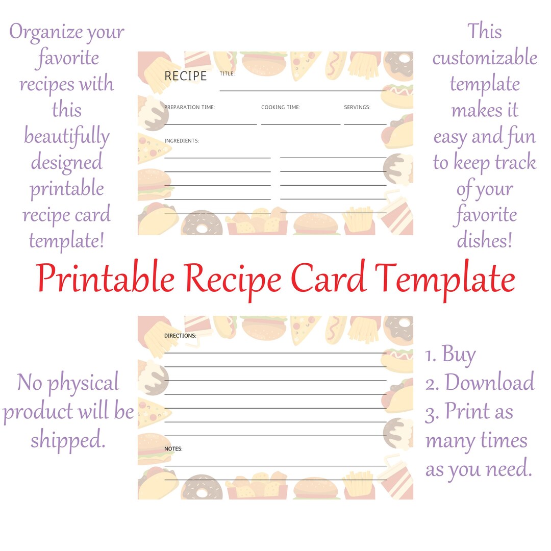 Printable Recipe Card Template 6x4 Food-themed Digital Recipe Template ...