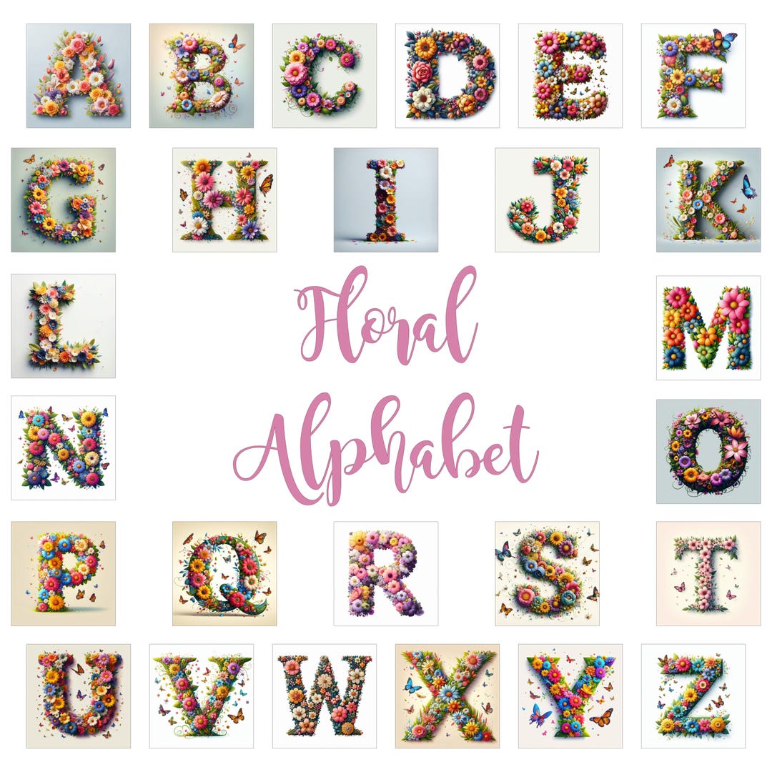 Floral Alphabet Printable A-Z Flower Letters Botanical Wall Art Floral ...