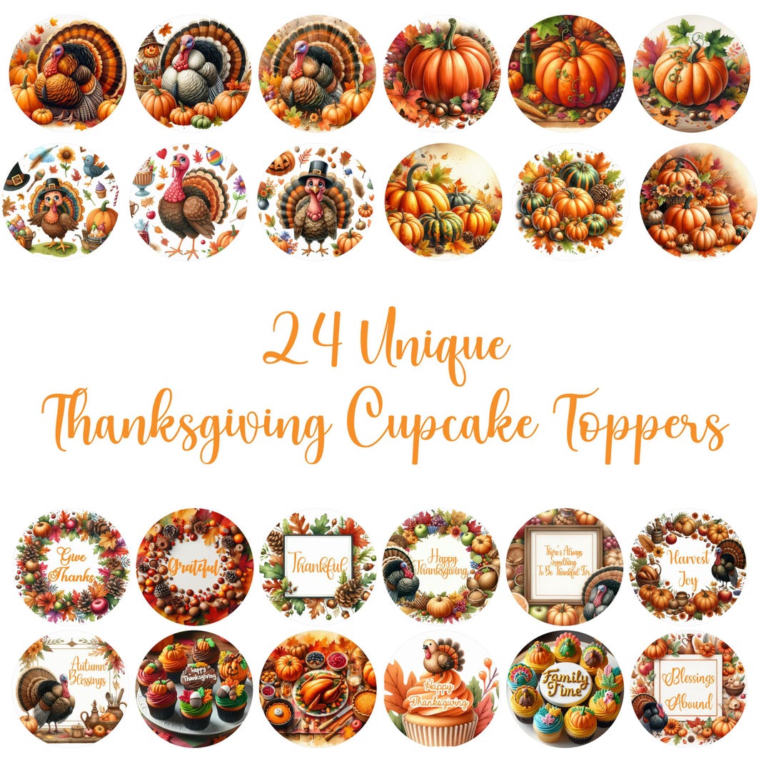 24 Thanksgiving Cupcake Toppers Festive Turkey & Pumpkin Designs - Etsy