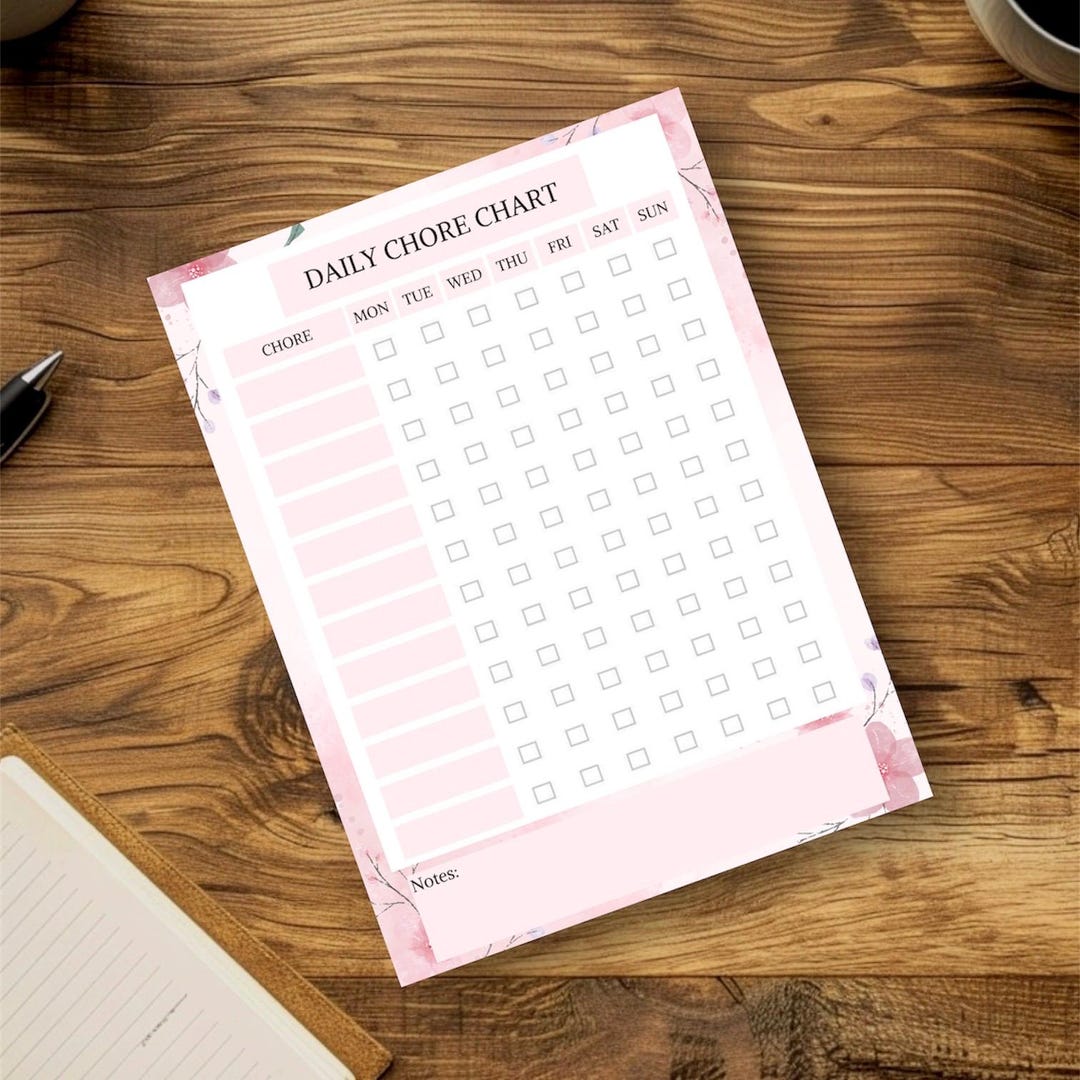 Digital Daily Chore Chart for Kids and Adults, Mint and Pink Printable ...