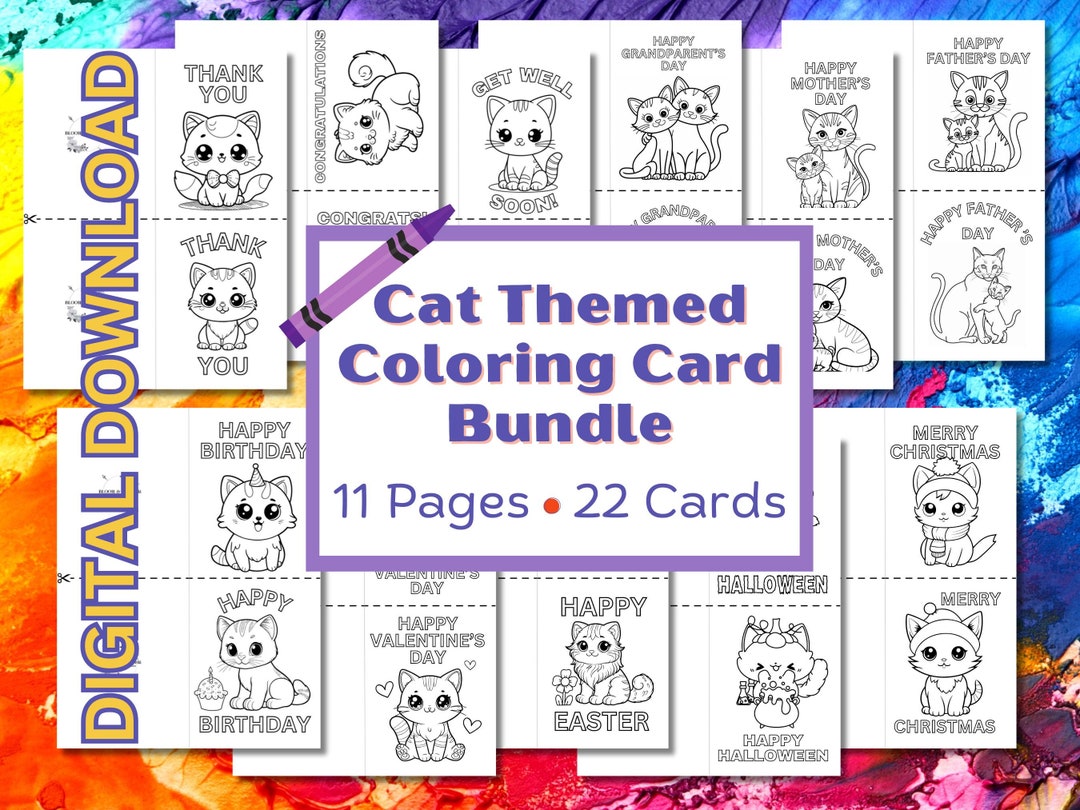 22 Printable Cat Themed Coloring Greeting Cards for Kids | Fun Holiday ...