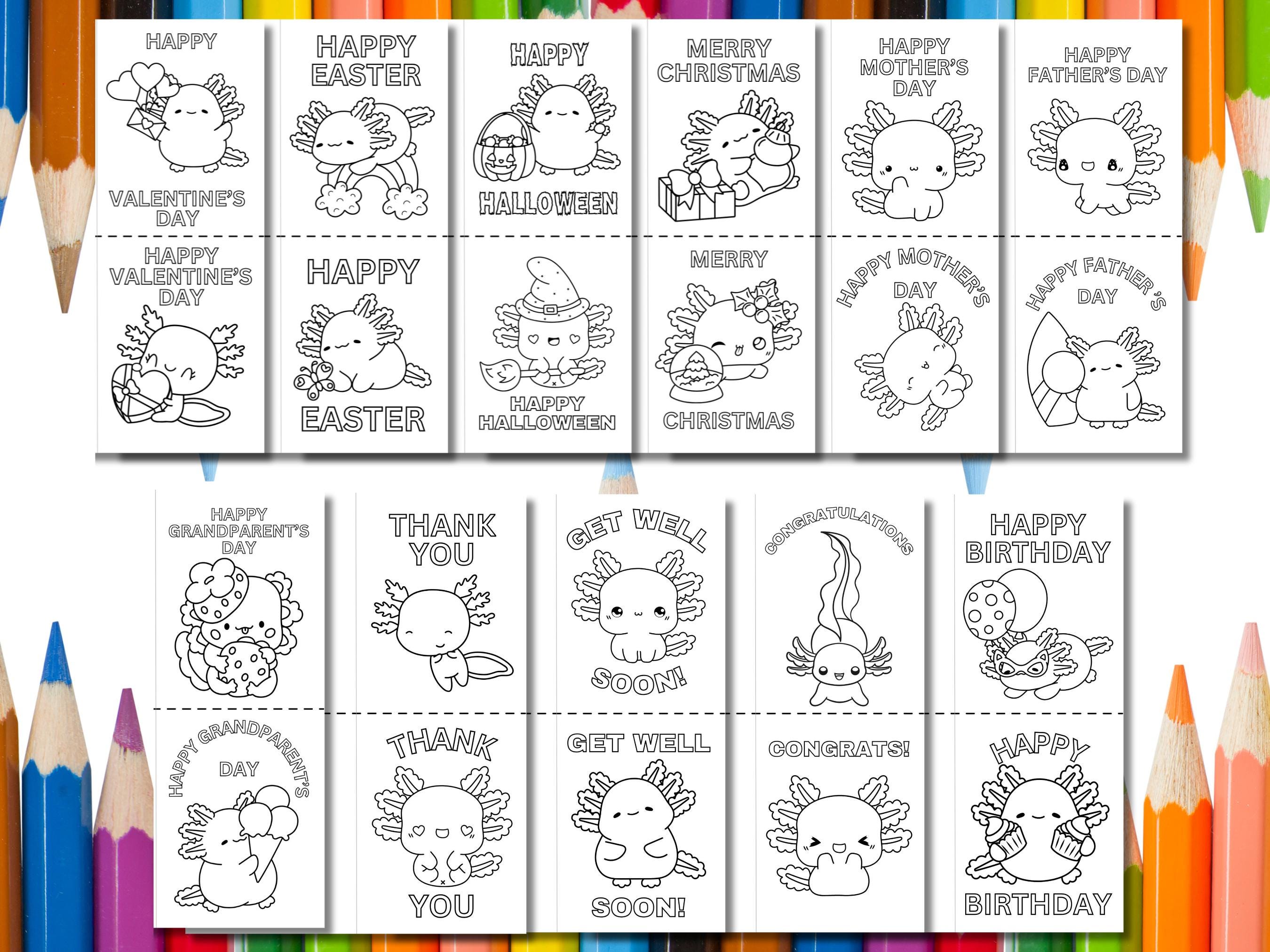 22 Printable Axolotl Themed Coloring Greeting Cards for Kids | Fun ...