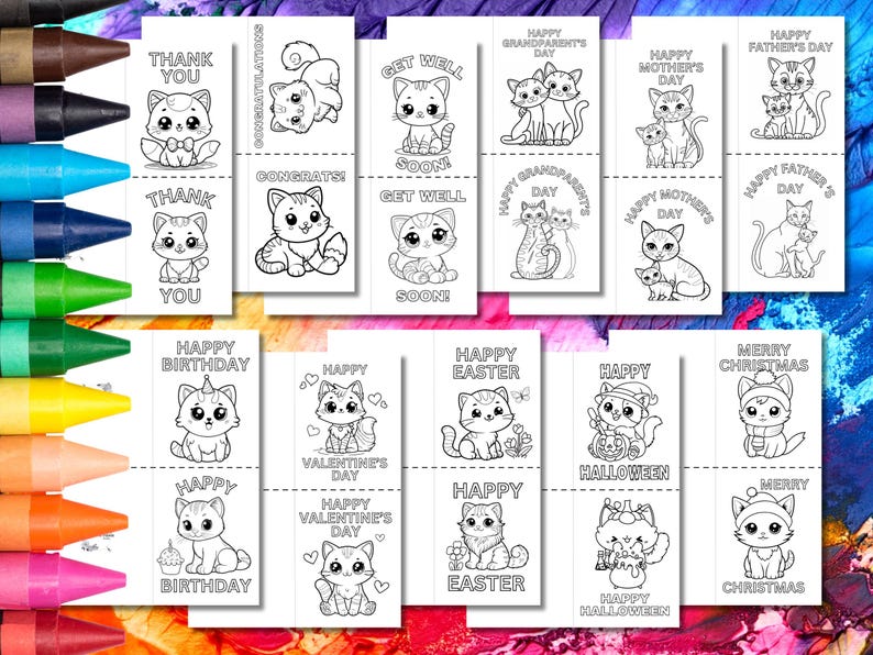 22 Printable Cat Themed Coloring Greeting Cards for Kids | Fun Holiday ...