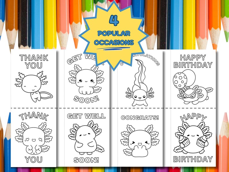22 Printable Axolotl Themed Coloring Greeting Cards for Kids | Fun ...