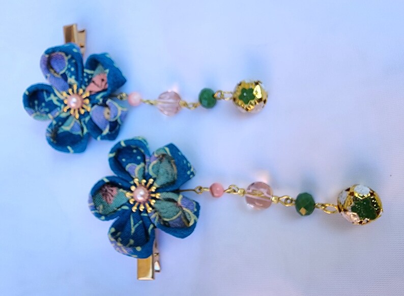 Japanese Chirimen Fabric Blue Pink Jade Kanzashi Sakura Cherry Blossom ...