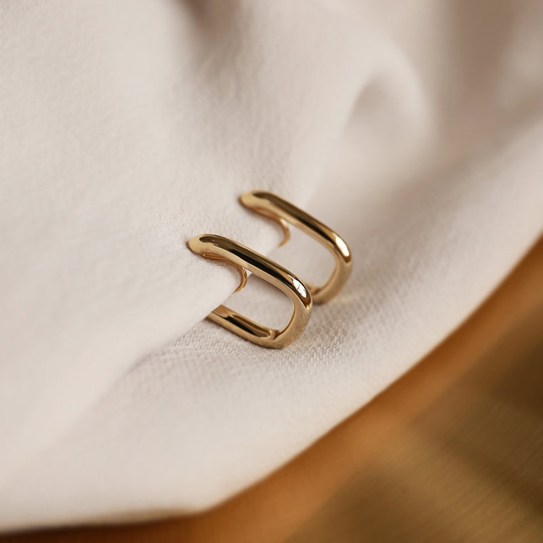14K Gold Bold Rectangle Clip on Hoops, Minimalist Gold Rectangle Hoops ...