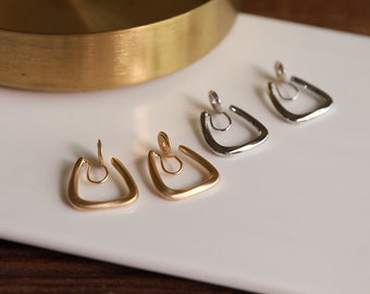 14K Gold Bold Rectangle Clip on Hoops, Minimalist Gold Rectangle Hoops ...