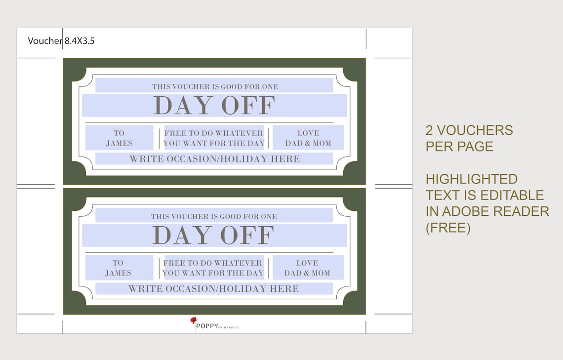 Day off Coupon Certificate INSTANT DOWNLOAD EDITABLE Text - Etsy