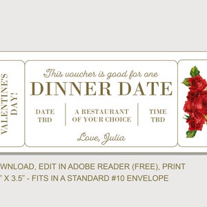Valentine's Day Dinner Date Gift Voucher - INSTANT DOWNLOAD - EDITABLE ...