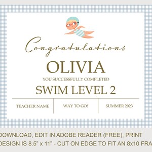Editable Swimming Certificate 8.5x11" - INSTANT DOWNLOAD - Swim Lesson ...