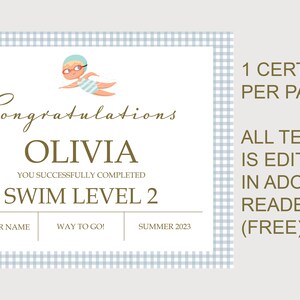 Editable Swimming Certificate 8.5x11 INSTANT DOWNLOAD Swim Lesson ...