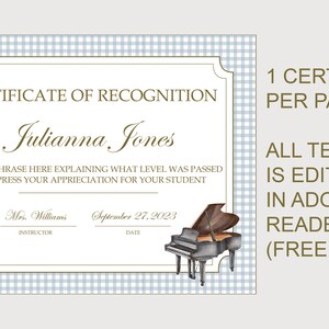 Editable Piano Recital Certificate 8.5x11" - INSTANT DOWNLOAD - Piano ...