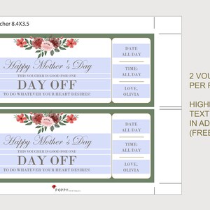 Mother's Day Time off Coupon Voucher - INSTANT DOWNLOAD - EDITABLE Text ...