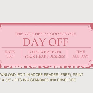 Day off Coupon Certificate - INSTANT DOWNLOAD - EDITABLE Text ...