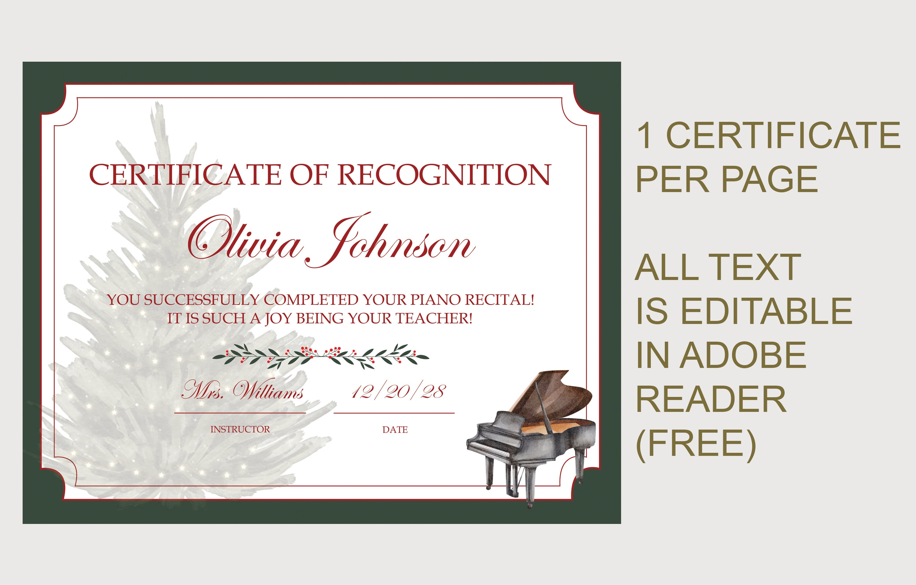 Christmas Piano Recital Certificate 8.5x11" - INSTANT DOWNLOAD - Piano ...
