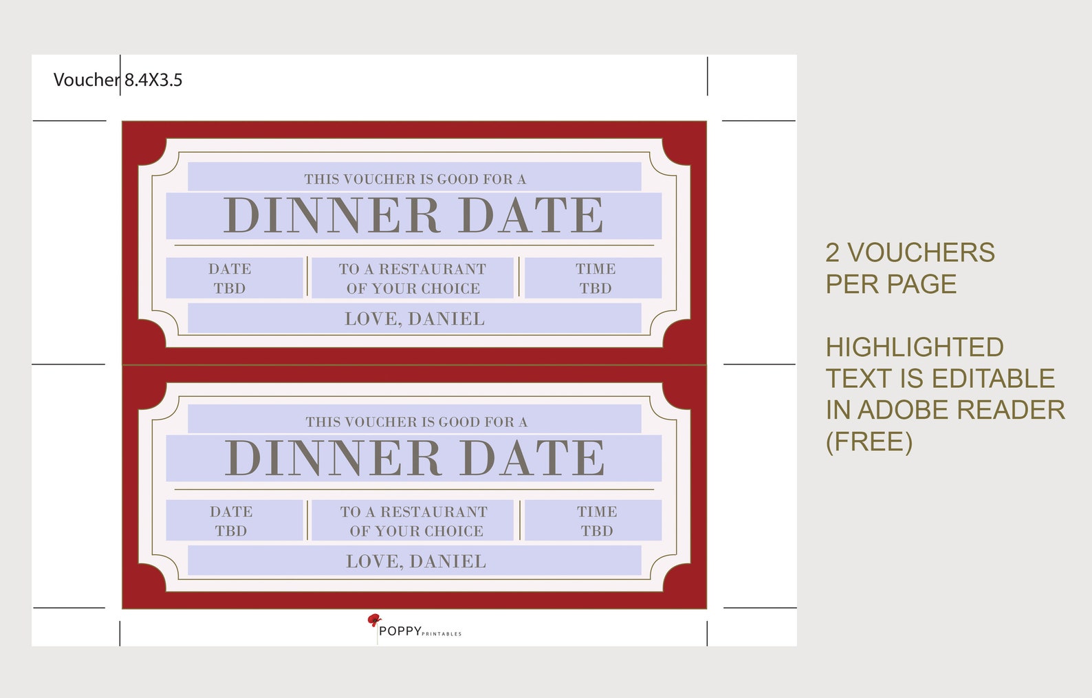 Red Dinner Date Coupon Voucher INSTANT DOWNLOAD EDITABLE - Etsy