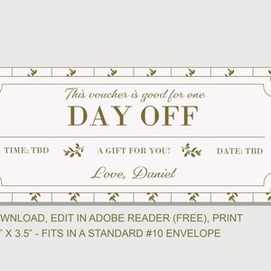 Day off Coupon Voucher - INSTANT DOWNLOAD - EDITABLE Text - Printable ...