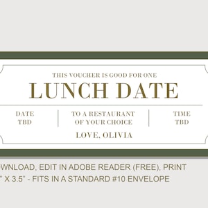 Lunch Date Gift Certificate Coupon - INSTANT DOWNLOAD - EDITABLE Text ...