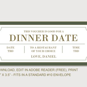 Dinner Date Gift Certificate Template - INSTANT DOWNLOAD - EDITABLE ...
