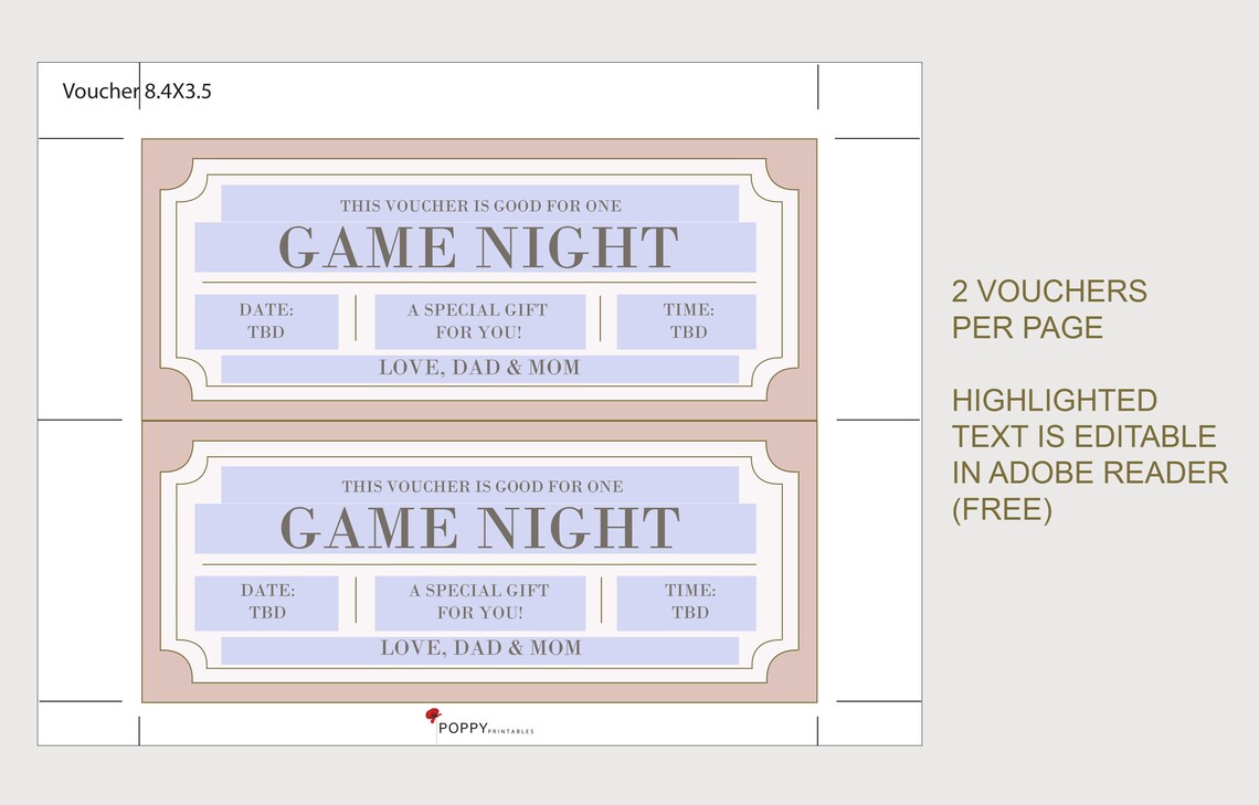 Game Night Coupon Voucher INSTANT DOWNLOAD EDITABLE Text - Etsy