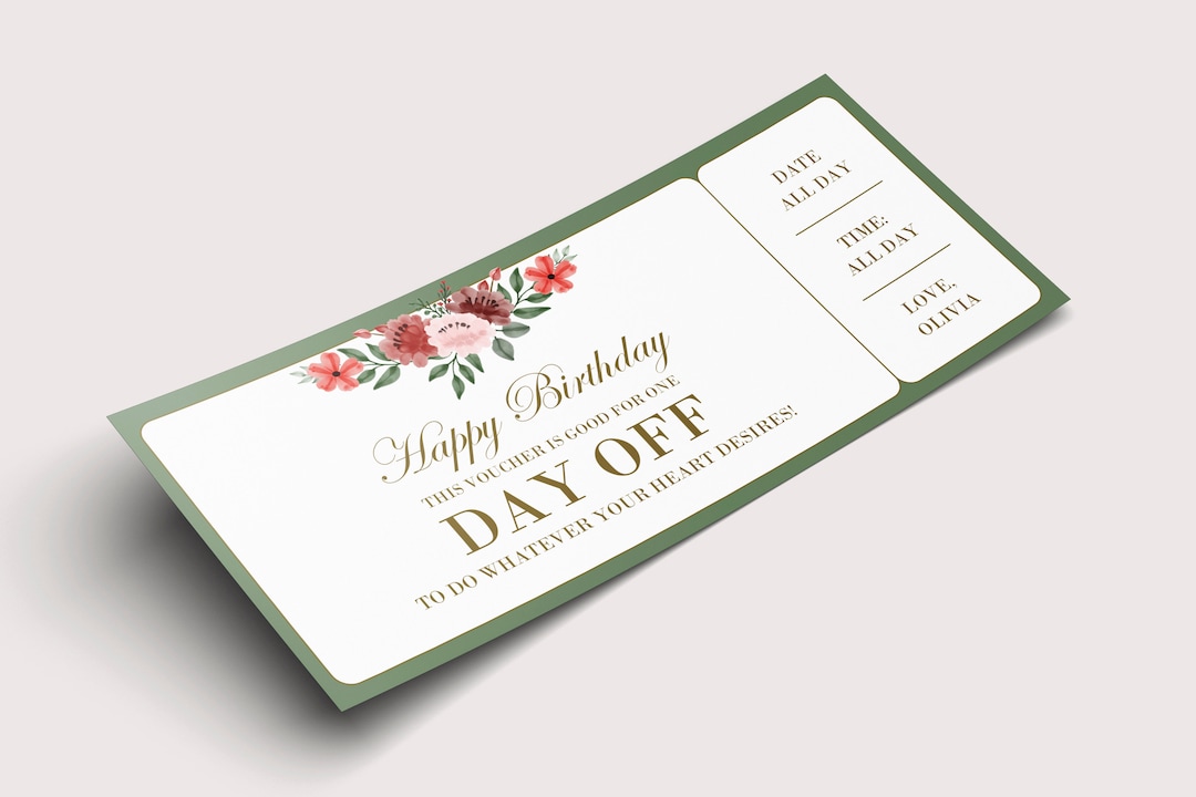 Birthday Time off Coupon Voucher - INSTANT DOWNLOAD - EDITABLE Text ...