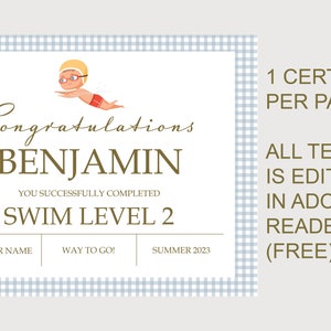 Editable Swimming Certificate 8.5x11" - INSTANT DOWNLOAD - Swim Lesson ...