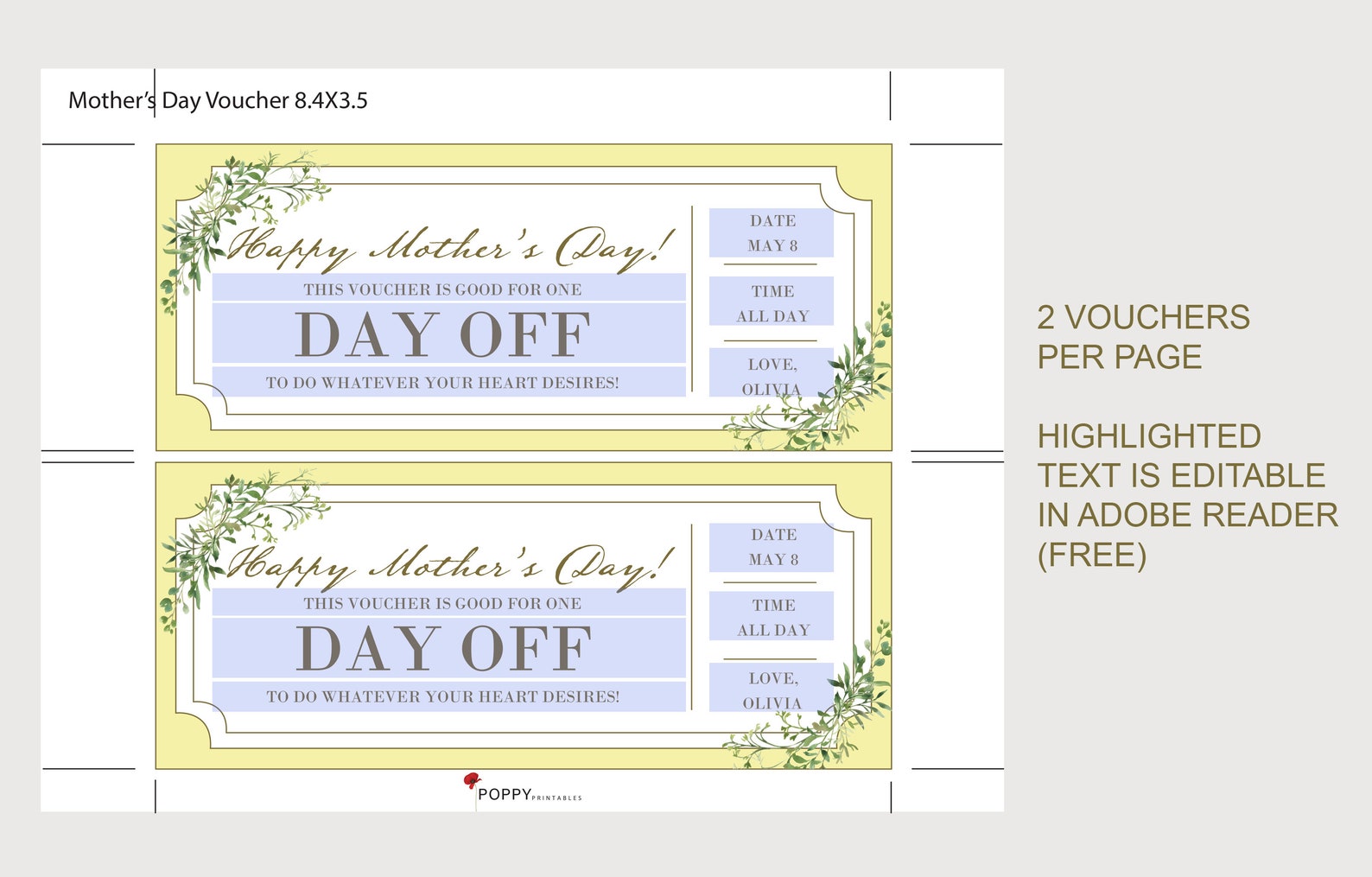Mother's Day Time off Coupon Voucher - INSTANT DOWNLOAD - EDITABLE Text ...