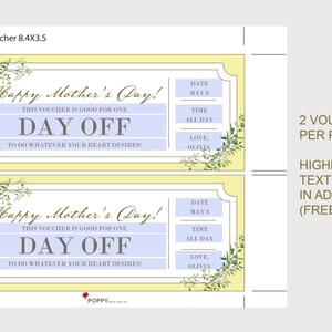Mother's Day Time off Coupon Voucher - INSTANT DOWNLOAD - EDITABLE Text ...