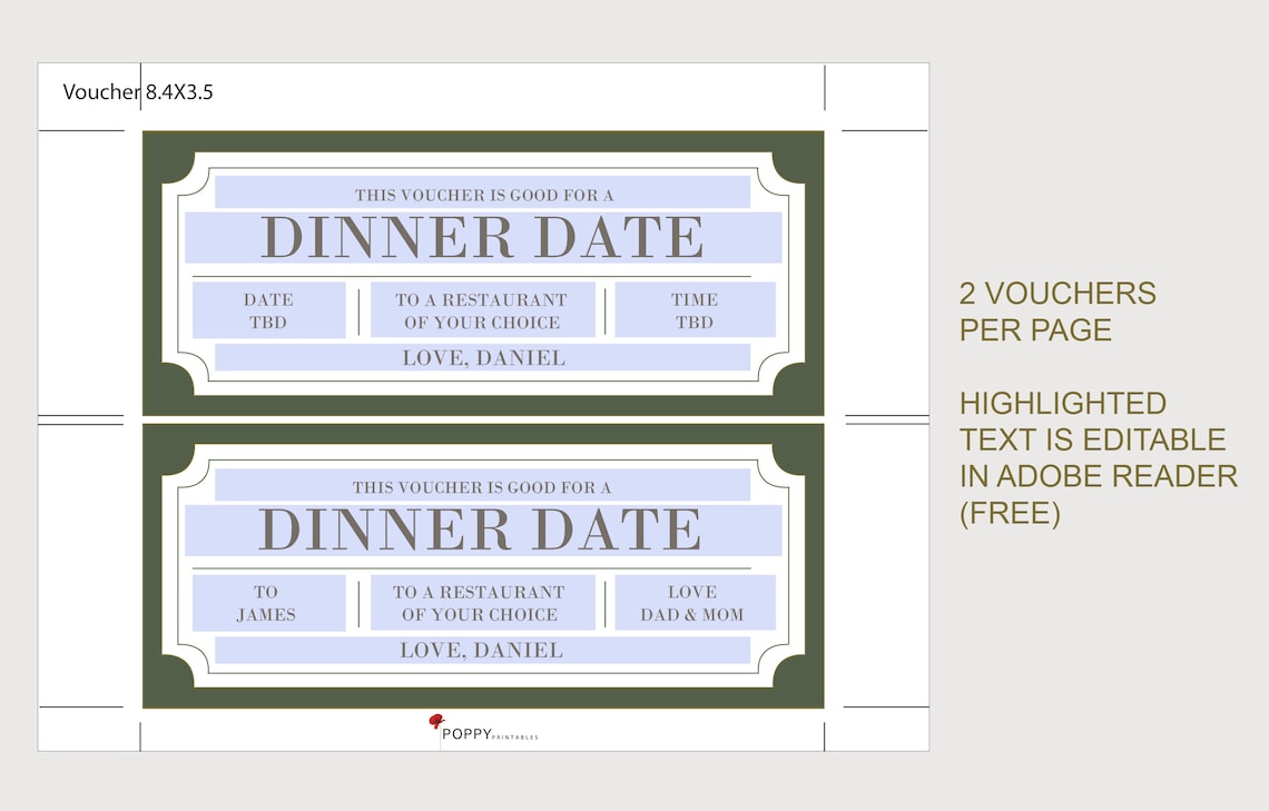 Dinner Date Gift Certificate Template - INSTANT DOWNLOAD - EDITABLE ...