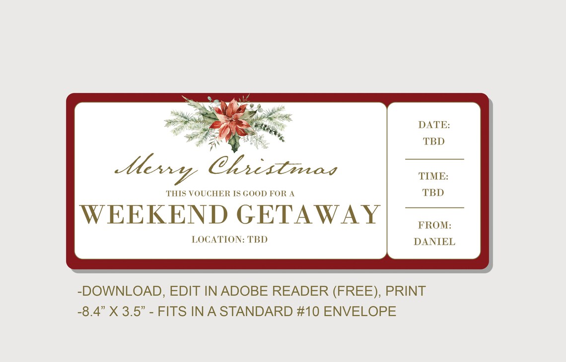 Christmas Weekend Getaway Certificate Coupon - INSTANT DOWNLOAD ...