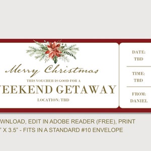Christmas Weekend Getaway Certificate Coupon - INSTANT DOWNLOAD ...